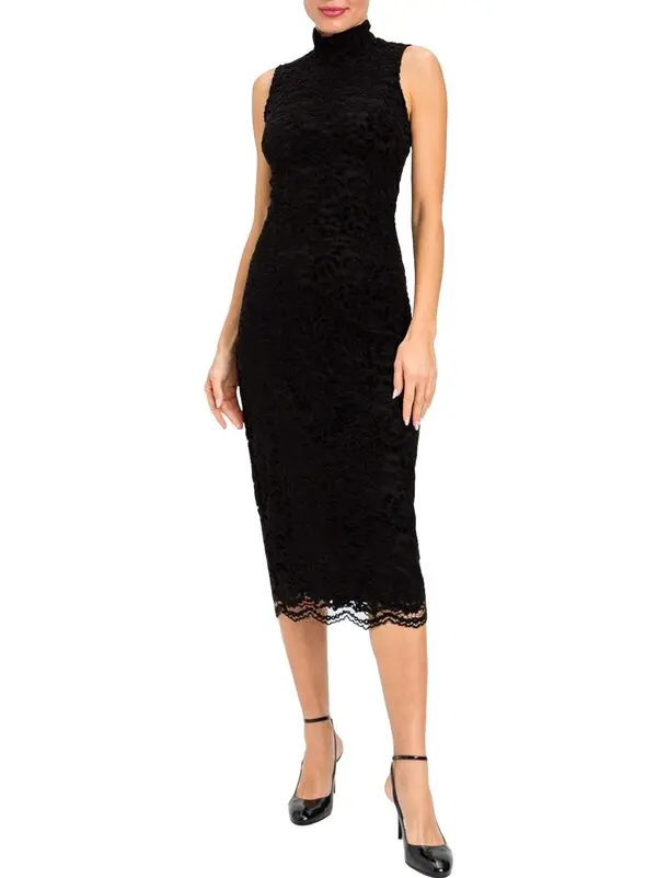 TWINSET Off-the-shoulder High-neck Lace Midi Sheath Dress - Black