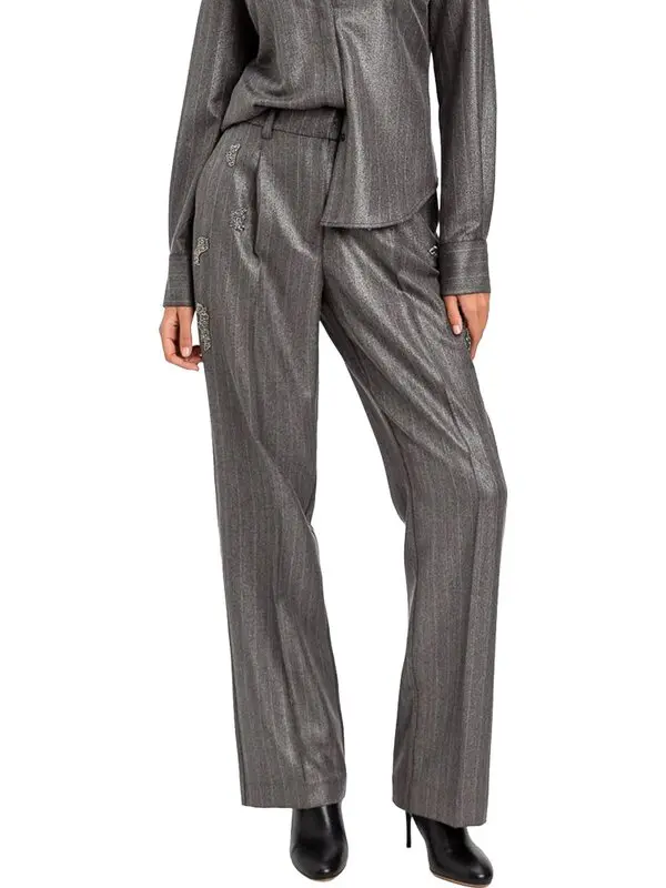 TWINSET Pleated Pinstripe Wide-leg Trousers With A Tailored Cut - Charcoal