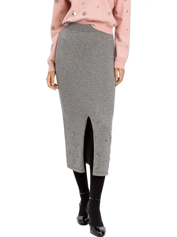 TWINSET Rhinestone-embellished Wool-knit Midi Pencil Skirt With Slit - Grey