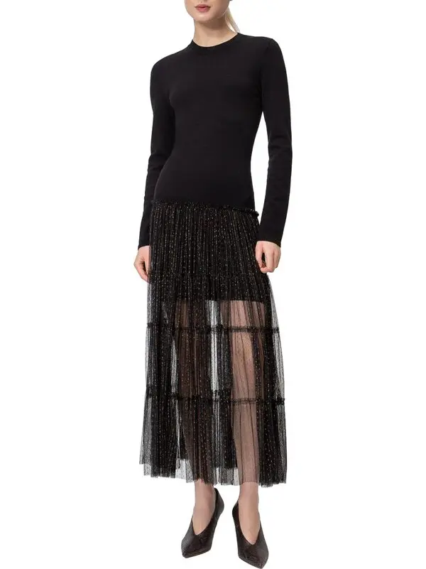TWINSET Slim Fit Long-sleeved Midi Knit Dress In Wool Blend And Tulle - Black