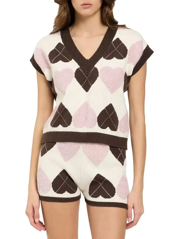 TWINSET Heart Print Knit Vest In Wool And Cotton Blend - Multicolor