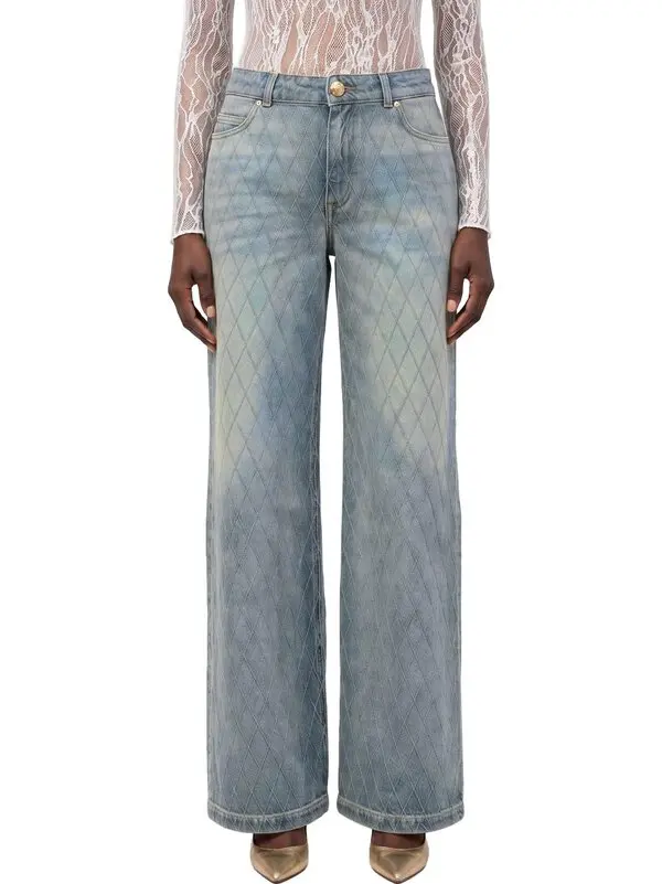 Balmain High-waisted Wide-leg Jeans In Cotton Denim With Diamond Pattern - Blue