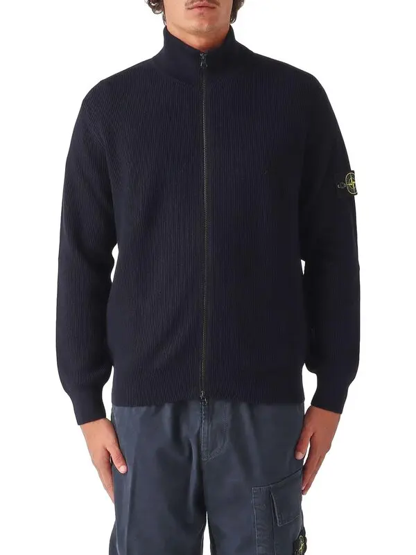 Stone Island High Neck Cardigan In Organic Cotton With Compass Logo - Blue
