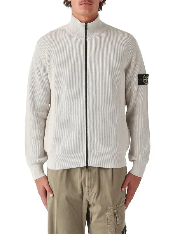 Stone Island High Neck Cardigan In Organic Cotton With Compass Logo - Sand