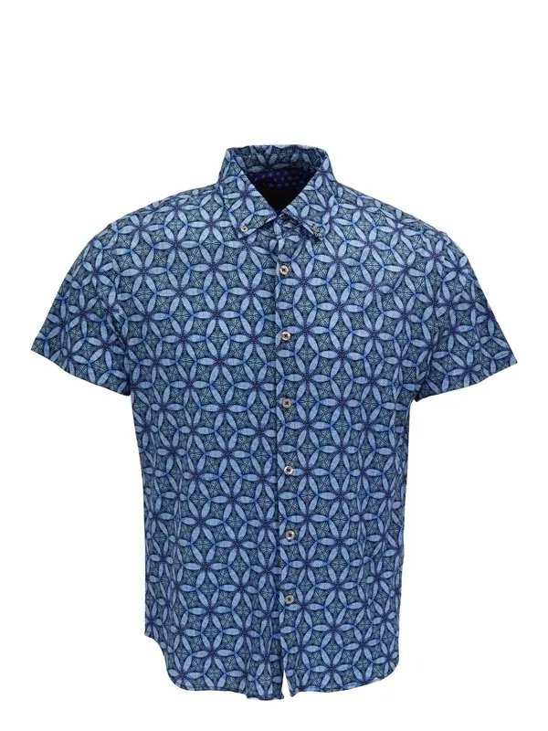 LORDS OF HARLECH Tobias Tribal Merino Wool Button-up Shirt - Blue