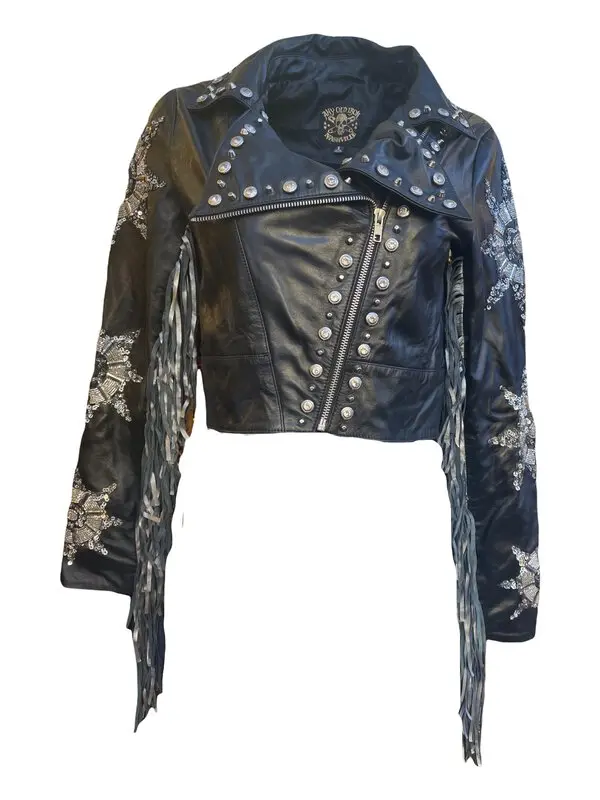 ANY OLD IRON Black / Silver Silver Stars Leather Fringe Moto - Black/silver