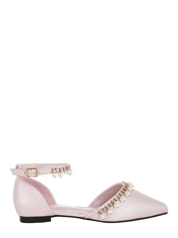 RAG & CO Aouva Rhinestone & Pearl Ankle Strap Flat Sandals In By - Pink
