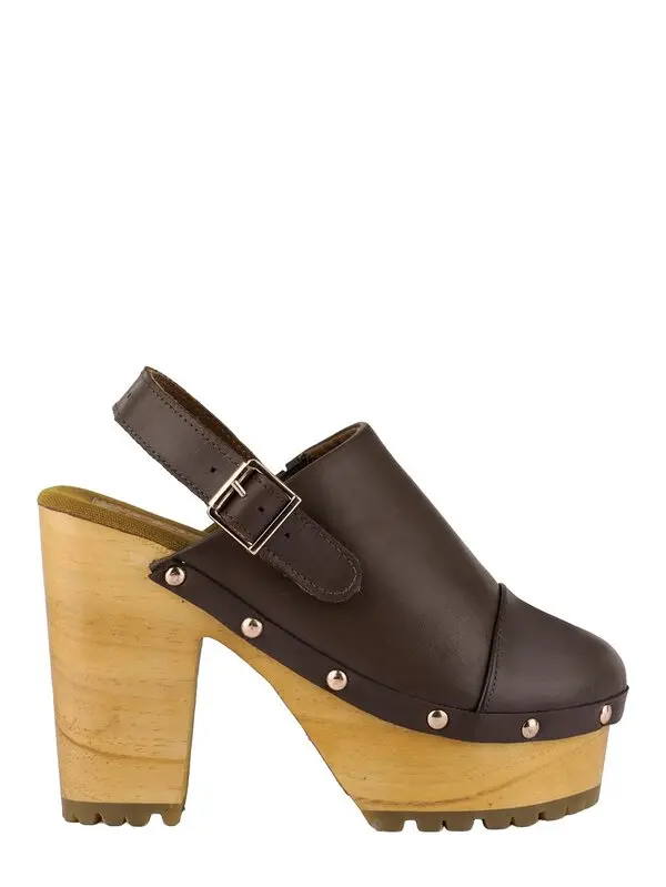 RAG & CO Alona Slingback High Block Heeled Clogs - Brown