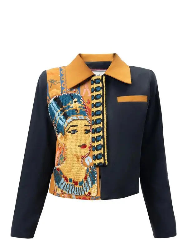 RONDOOZ Hand Painted Linen And Cotton Blazer With Antique French Gobelin Tapestry & Hand Applied Embellisht - Black
