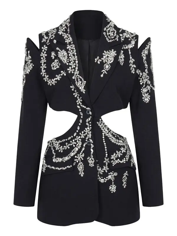 MODENAIRE Crystal Embellished Blazer With Sculpted Cutouts - Black