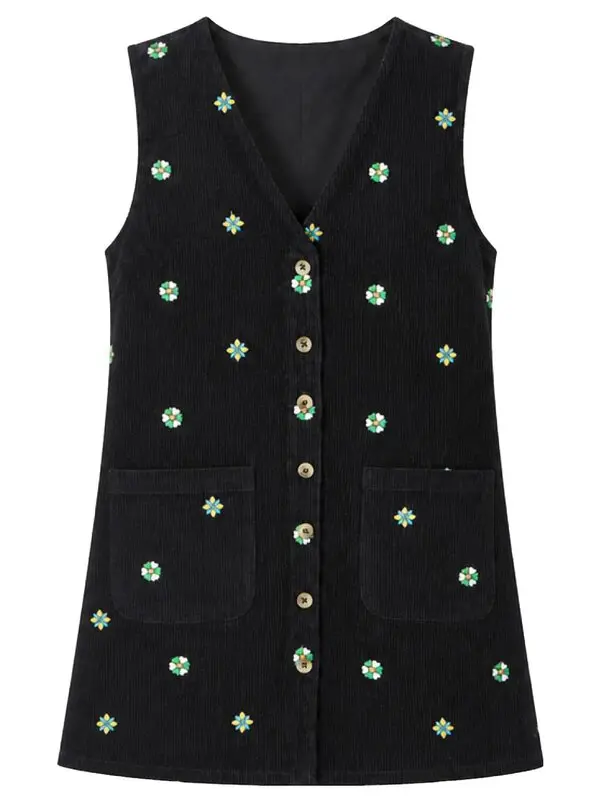 YUMI Flower Embroidered Button Up Pinafore Dress - Black