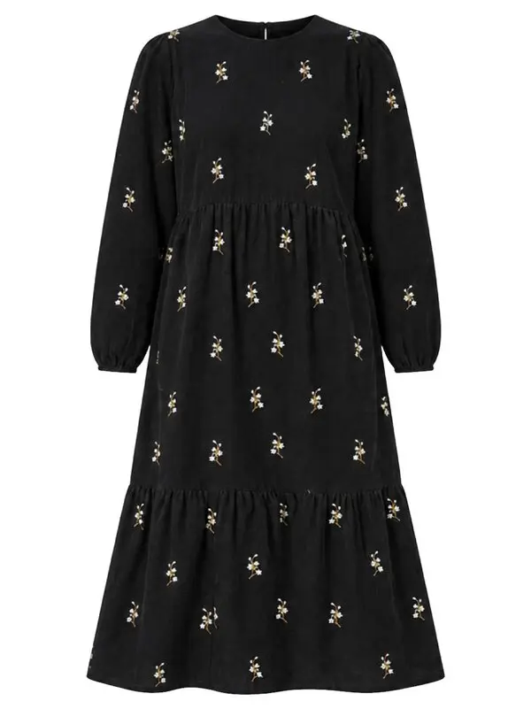 YUMI Long Sleeve Midi Dress With Floral Embroidery - Black