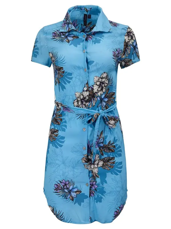 LORDS OF HARLECH Crystal Exotic Floral Teal Shirt Dress - Blue