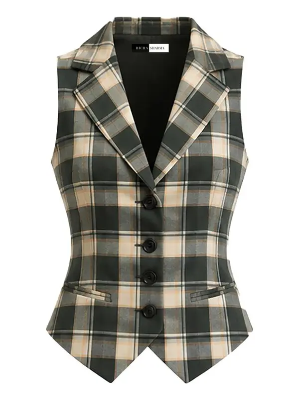 RICHA SHARMA Green / White / Black Heritage Green Tartan Tailored Waistcoat Check Vest - Green/white/black
