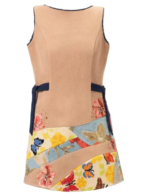 RONDOOZ Hand Painted Corduroy Mini Dress With Antique French Gobelin Tapestry & Hand Applied Embellisht - Brown