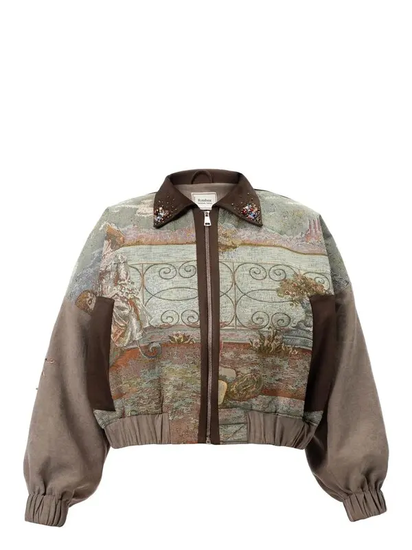 RONDOOZ Hand Painted Velvet Bomber Jacket With Antique French Gobelin Tapestry & Hand Applied Embellisht - Brown