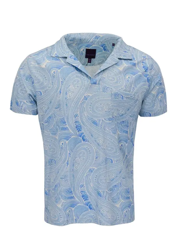 LORDS OF HARLECH Bobby Marakesh Paisley Teal Wool Johnny Collar Polo - Blue