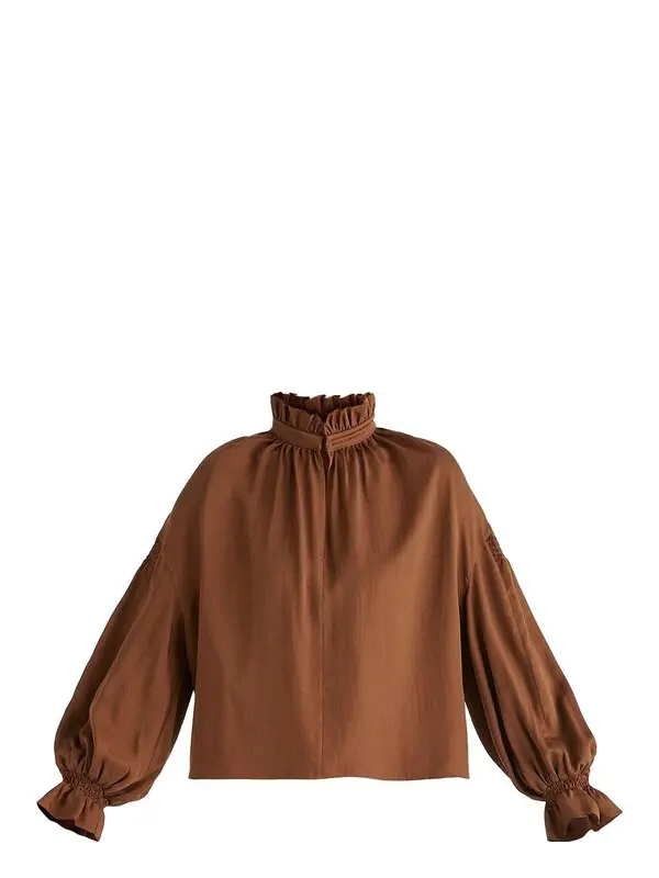 PAISIE Ruffle Neck Lyocell Blouse With Smocked Cuffs - Brown