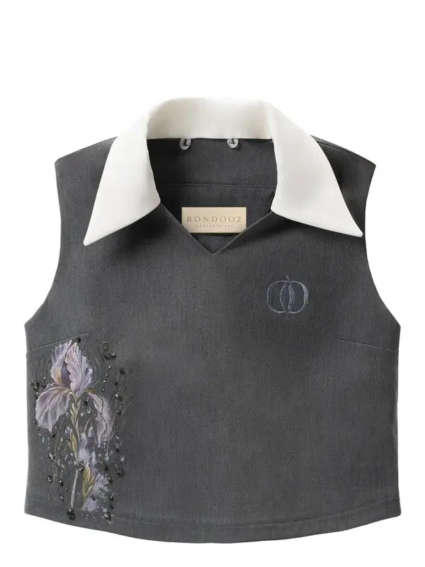 RONDOOZ Hand Painted Twill Top With Detachable Collar & Hand Applied Embellisht - Grey