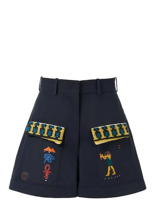 RONDOOZ Hand Painted Linen And Cotton Shorts With Antique French Gobelin Tapestry & Hand Applied Embellisht - Black