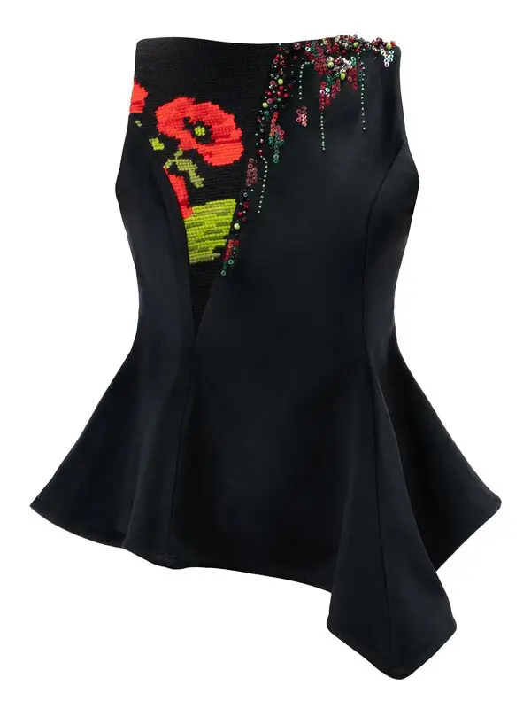 RONDOOZ Hand Painted Velvet Asymmetric Blouse With Antique French Gobelin Tapestry & Hand Applied Embellisht - Black