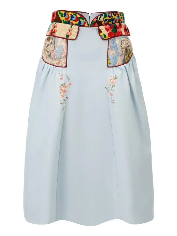 RONDOOZ Hand Painted Lightweight Denim Maxi Skirt With Antique French Gobelin Tapestry & Hand Applied Embellisht - Blue