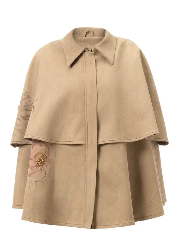 RONDOOZ Hand Painted Corduroy Cape With Hand Applied Embellisht - Brown