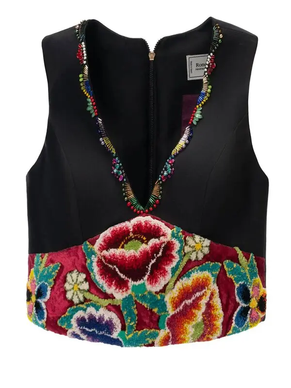 RONDOOZ Hand Painted Satin Crop Top With Antique French Gobelin Tapestry & Hand Applied Embellisht - Black
