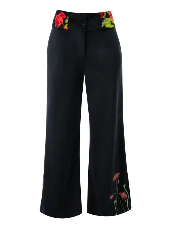 RONDOOZ Hand Painted Velvet Wide Leg Trousers Antique French Gobelin Tapestry & Hand Applied Embellisht - Black