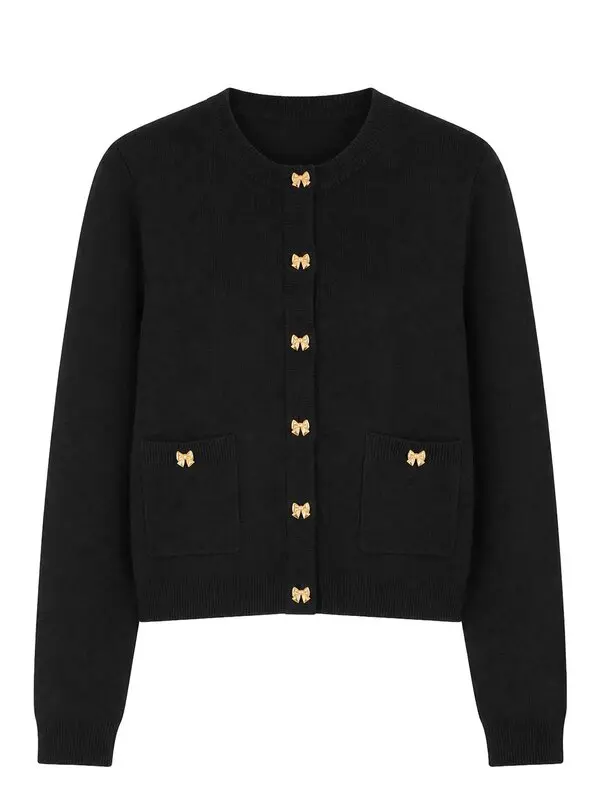 YUMI Bow Button Cardigan - Black