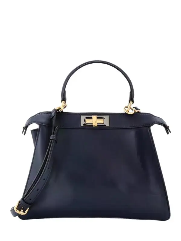 Fendi Peekaboo Bag Rigid Leather With Zucca Velvet Interior Regular Satchel - Blue