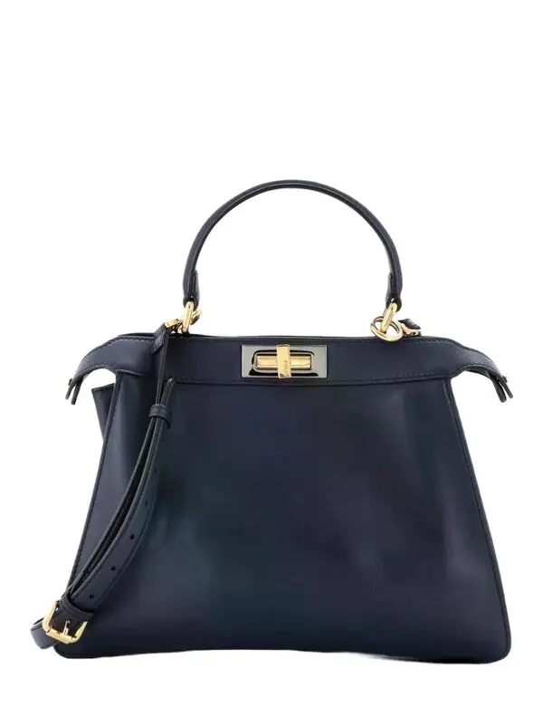 Fendi Peekaboo Bag Rigid Leather With Zucca Velvet Interior Regular Satchel - Blue