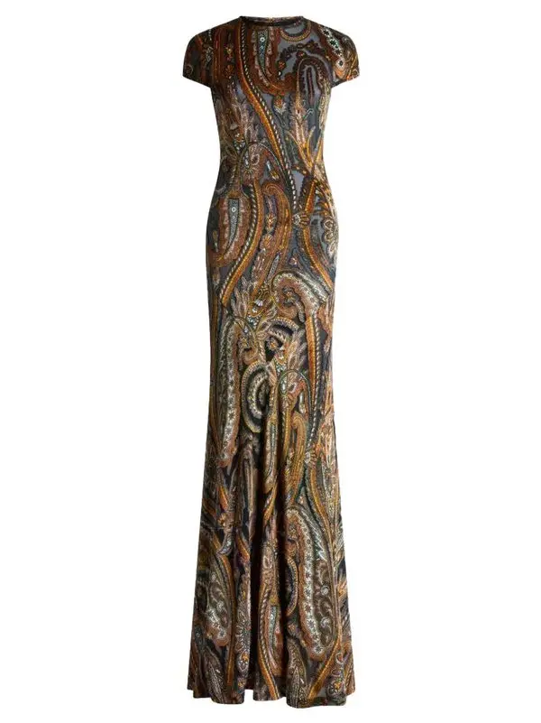 Etro Long Dress In Jersey With Paisley Motif - Brown