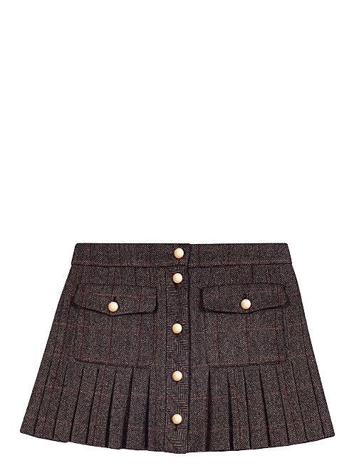 Maje Checked Pleated Wool-blend Mini Skirt - Brown