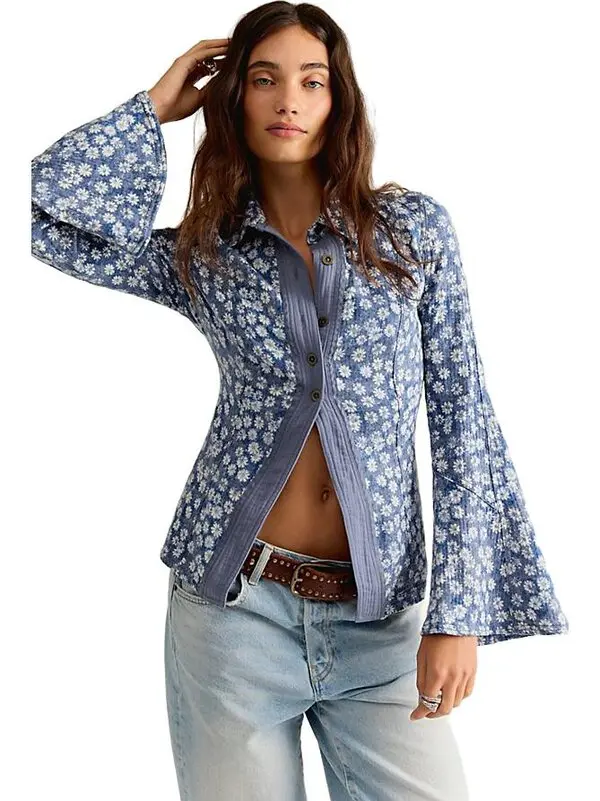 We The Free Mod Mix Printed Button Down Top At - Sky Combo