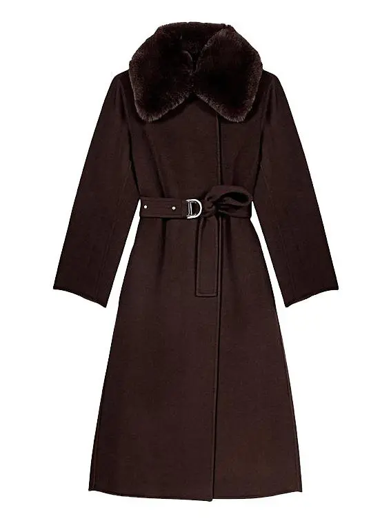 Maje Faux Fur-collar Belted Wool-blend Coat - Brown