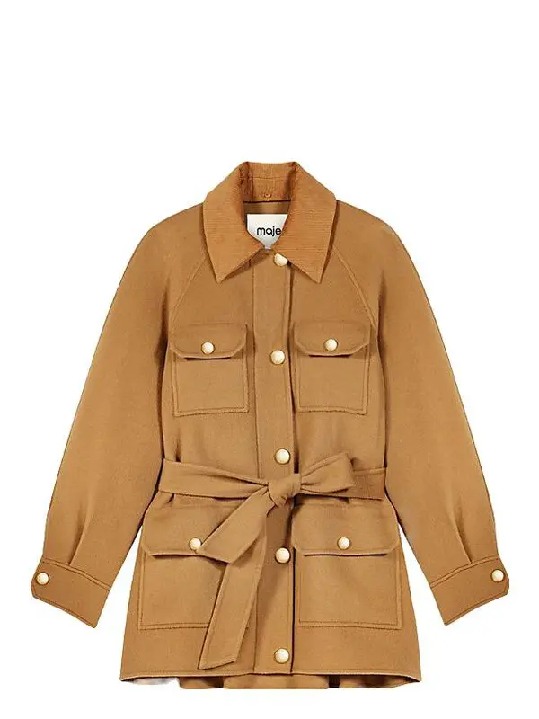 Maje Corduroy-collar Flap-pocket Wool-blend Coat - Camel