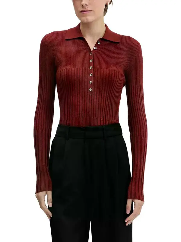 Sisley Buttoned Ribbed Polo Top - Red