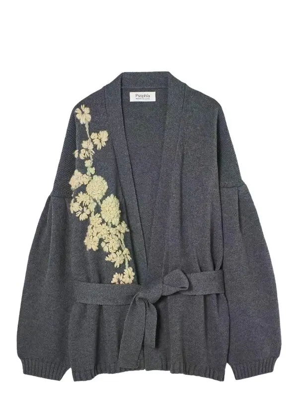 PSOPHIA Floral-embroidered Belted Cardigan - Grey