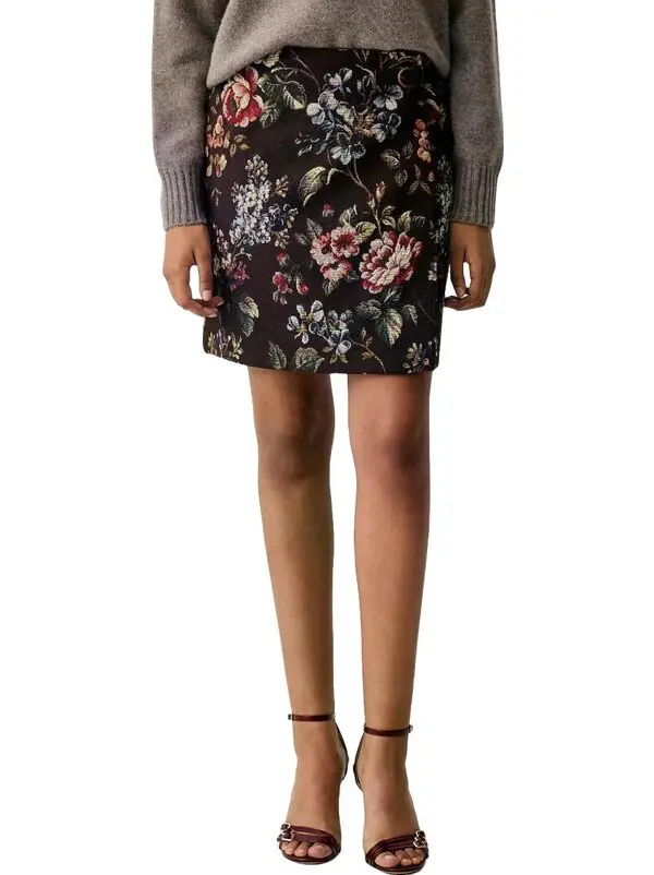 Luisa Spagnoli Floral-tapestry Buckle-detail Straight Mini Skirt - Brown