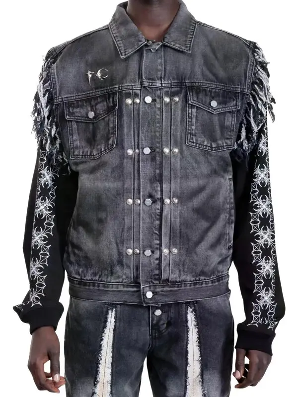 THUG CLUB Tc Angels Fringe-trim Denim Jacket - Grey