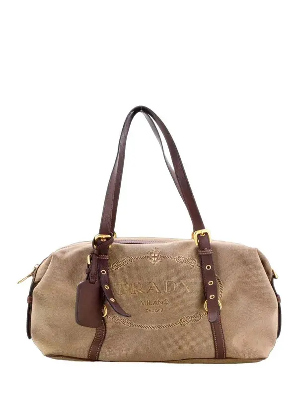 Prada Logo Bauletto Bag Canvas Medium Handbag - Brown