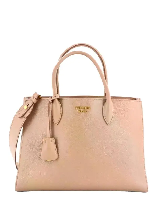 Prada Side Pleat Saffiano Leather Large Tote Bag - Neutrals