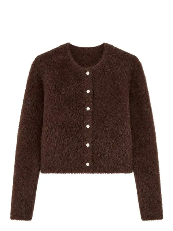 YUMI Eyelash Knit Cropped Cardigan - Brown
