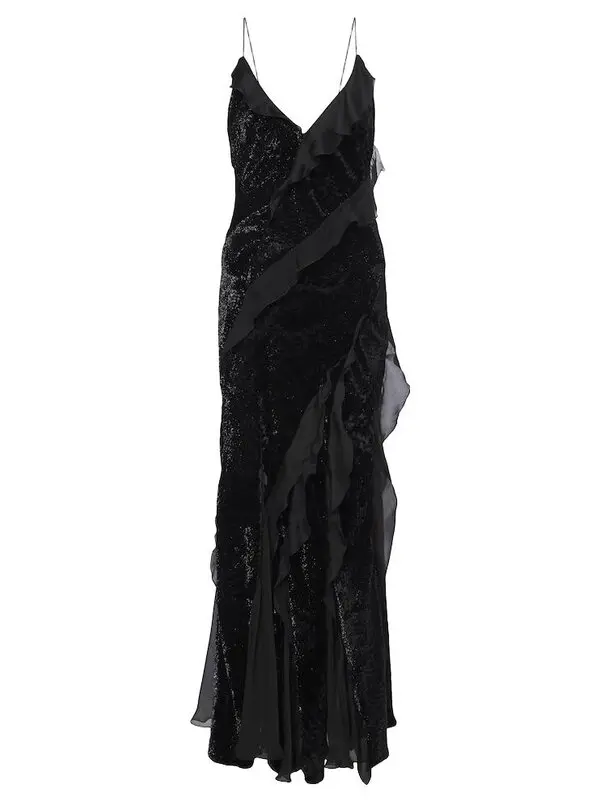Roberto Cavalli Embellished Ruffled Velvet Gown - Black
