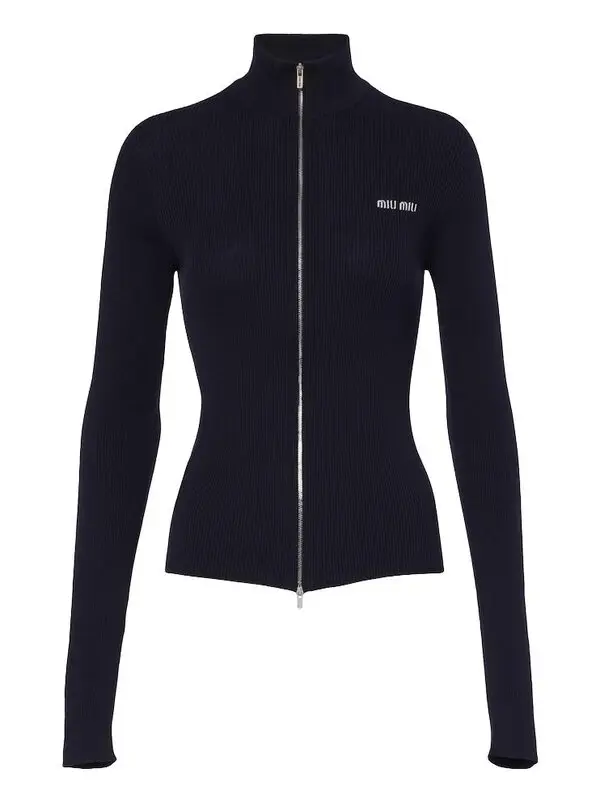 Miu Miu Logo Ribbed-knit Cotton Zip-up Sweater - Blue