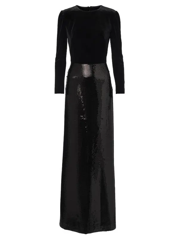Monique Lhuillier Sequined Velvet-paneled Gown - Black