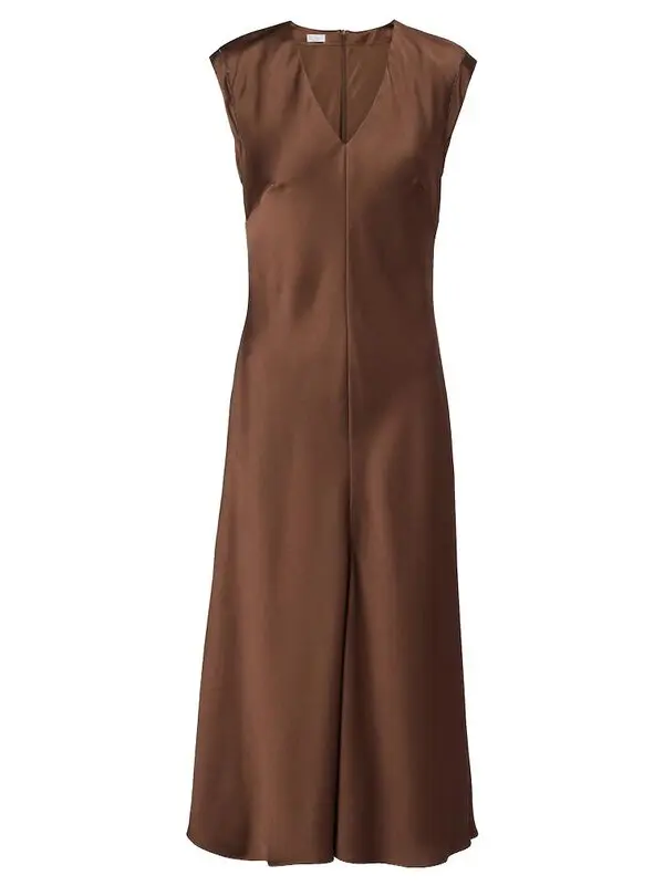 Brunello Cucinelli Monili Satin Midi Dress - Brown