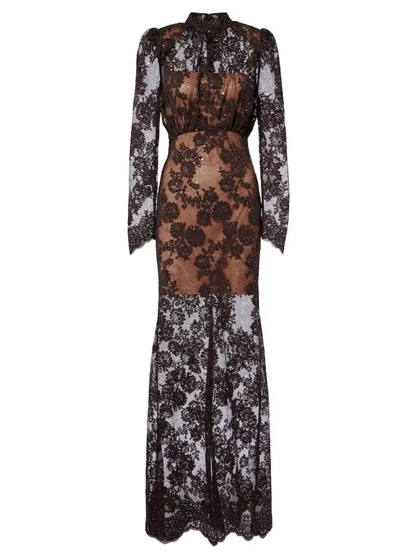 SELF-PORTRAIT Sheer Sequined Lace Gown - Brown