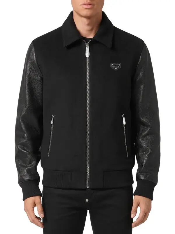 Philipp Plein Smooth Lambskin Leather Bomber Jacket With Classic Collar - Black